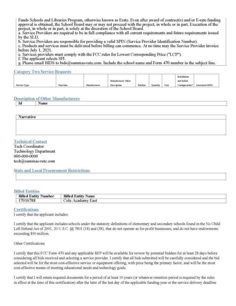 Cole Academy East FCC Form 470 #210005181 – Summa E-rate Solutions